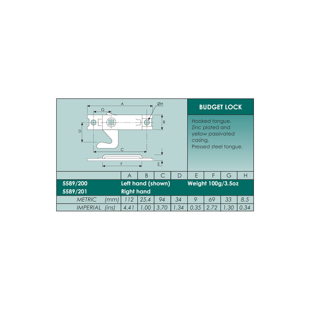 5589 Hooked Bolt Budget Lock - 112mm