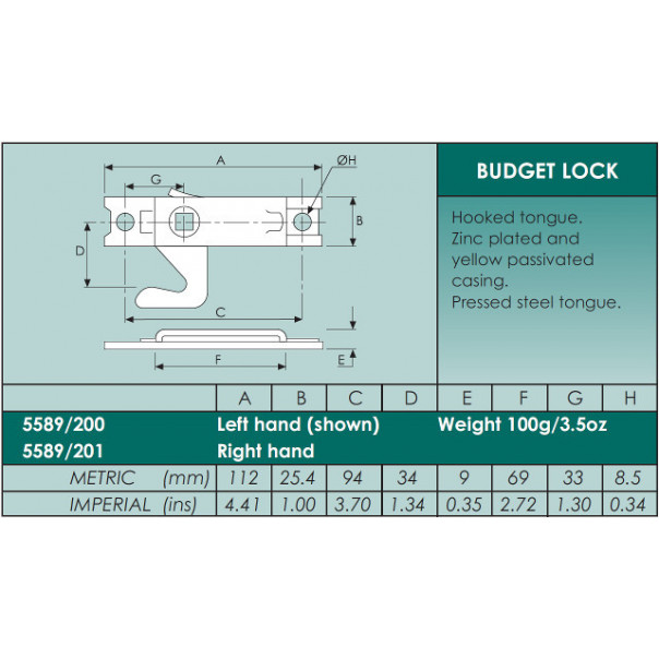 5589 Hooked Bolt Budget Lock - 112mm